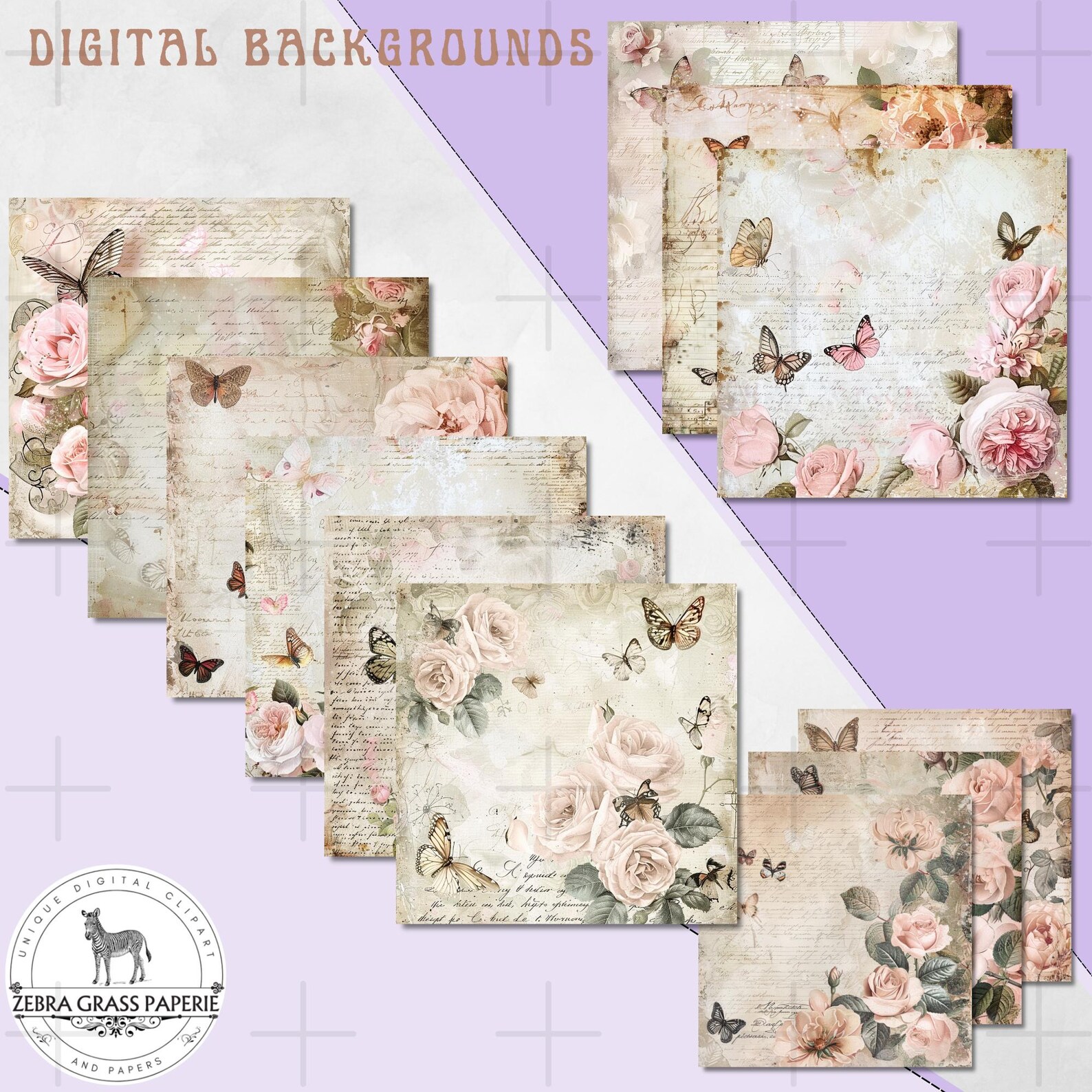 Pink Floral Digital Paper, Butterfly Printable Background, Script Junk ...