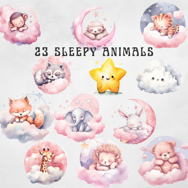 Sleeping Animals Clipart, Cute Sleepy Animal Clip Art, Watercolor ...