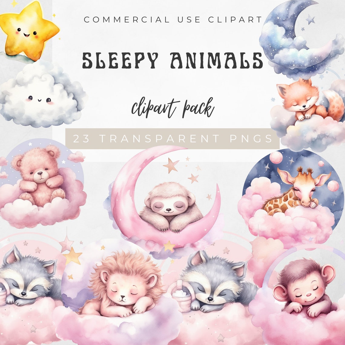 Sleeping Animals Clipart, Cute Sleepy Animal Clip Art, Watercolor ...