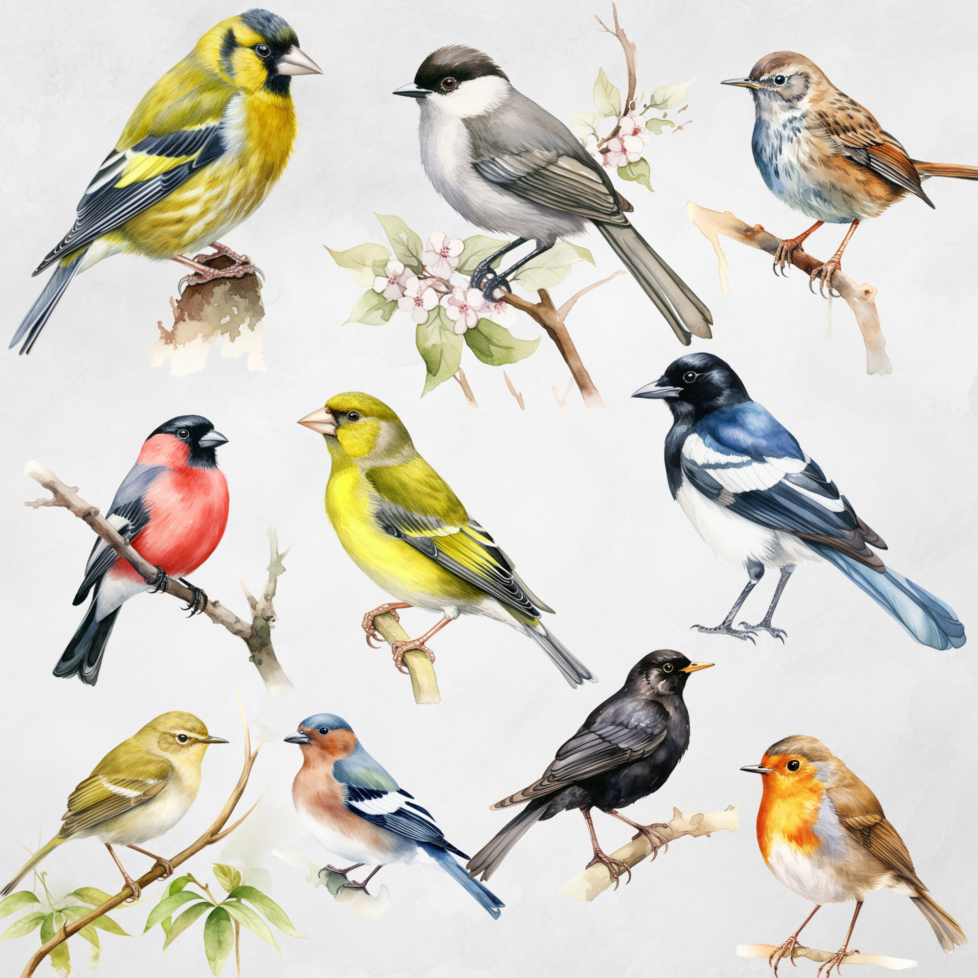 Garden Bird Clipart, Cute Bird Clip Art, Watercolor Nursery Wallart ...