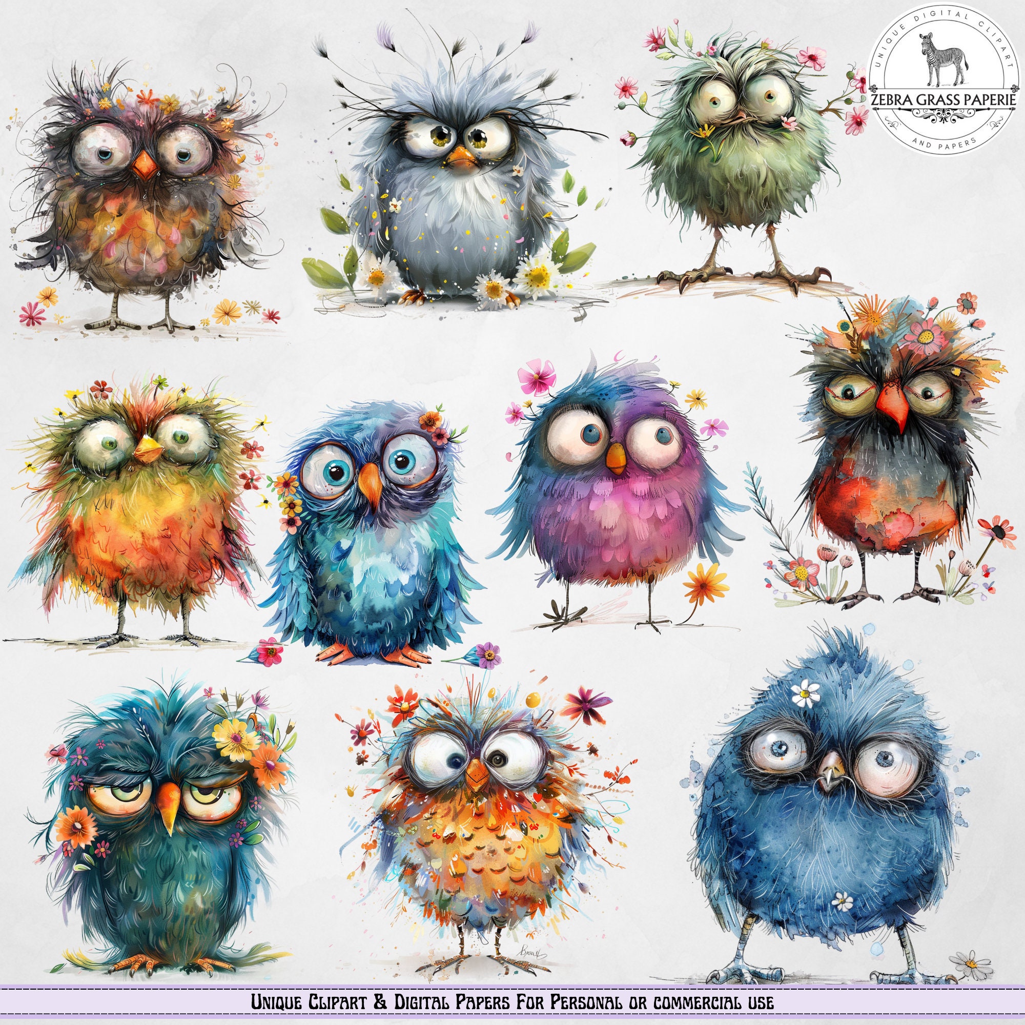 Quirky Bird Clipart, Funny Bird Clip Art, Watercolor Nursery Wallart ...
