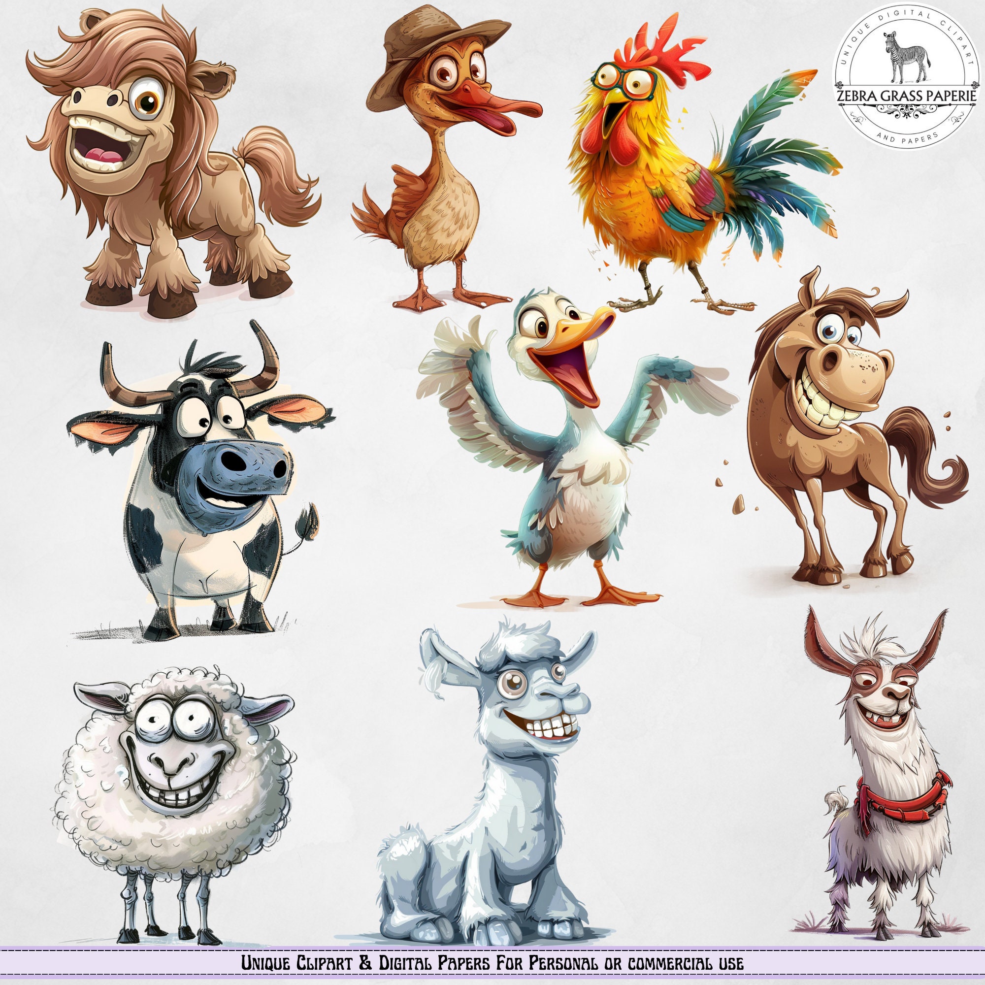 Quirky Farm Animal Clipart, Funny Farm Clip Art, Watercolor Nursery ...