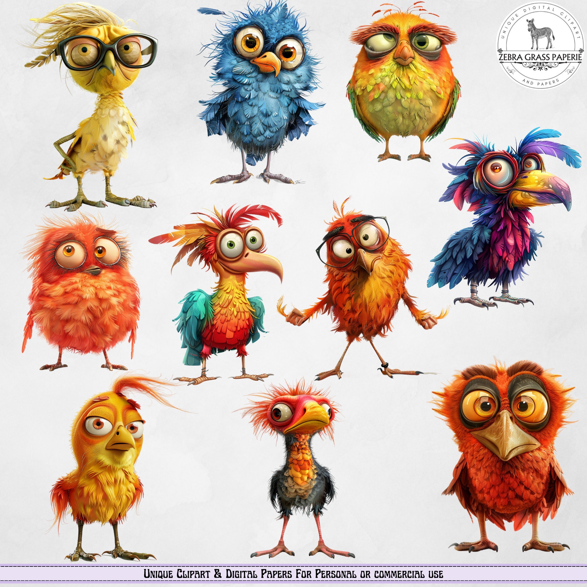 Quirky Bird Clipart, Funny Bird Clip Art, Watercolor Nursery Wallart ...