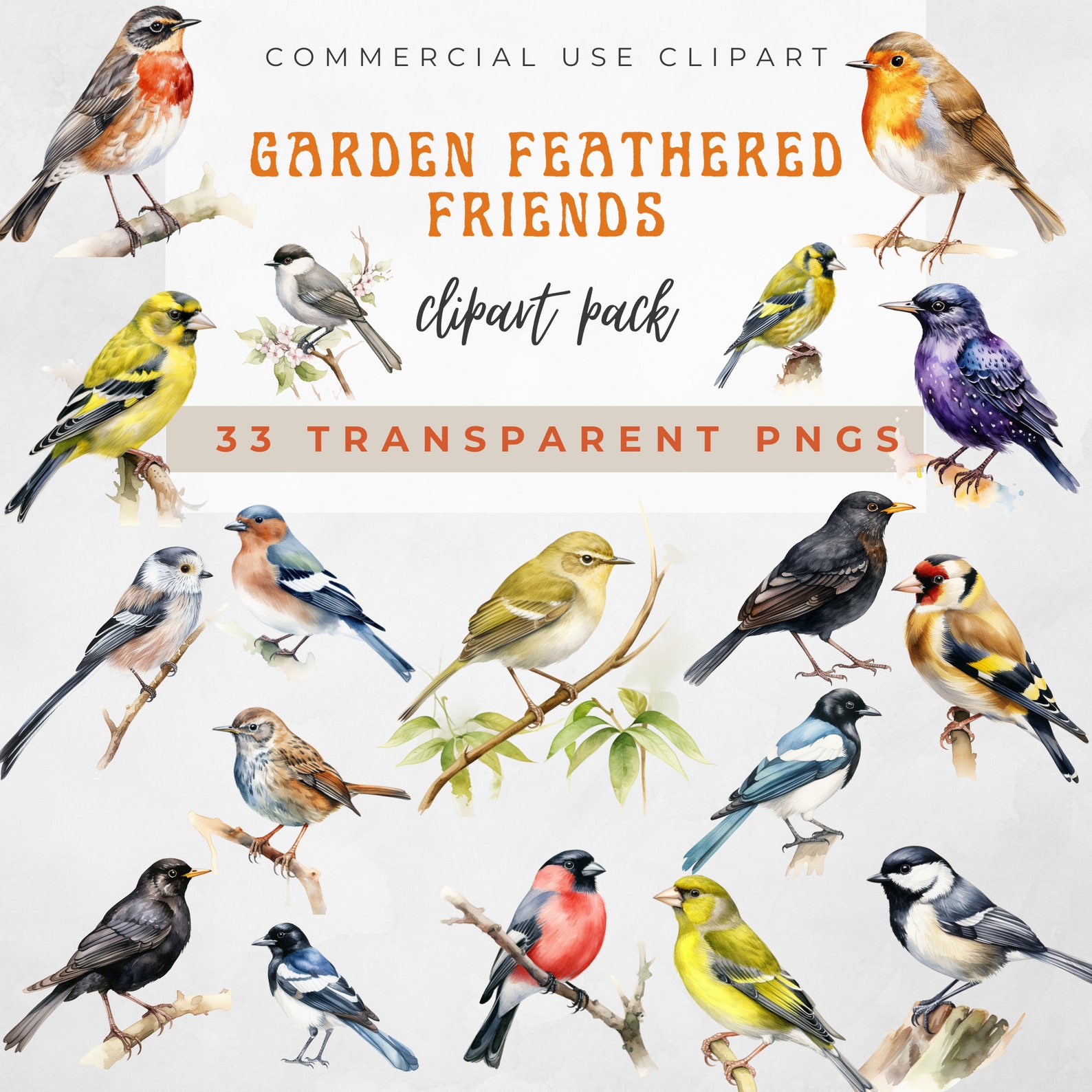 Garden Bird Clipart, Cute Bird Clip Art, Watercolor Nursery Wallart ...