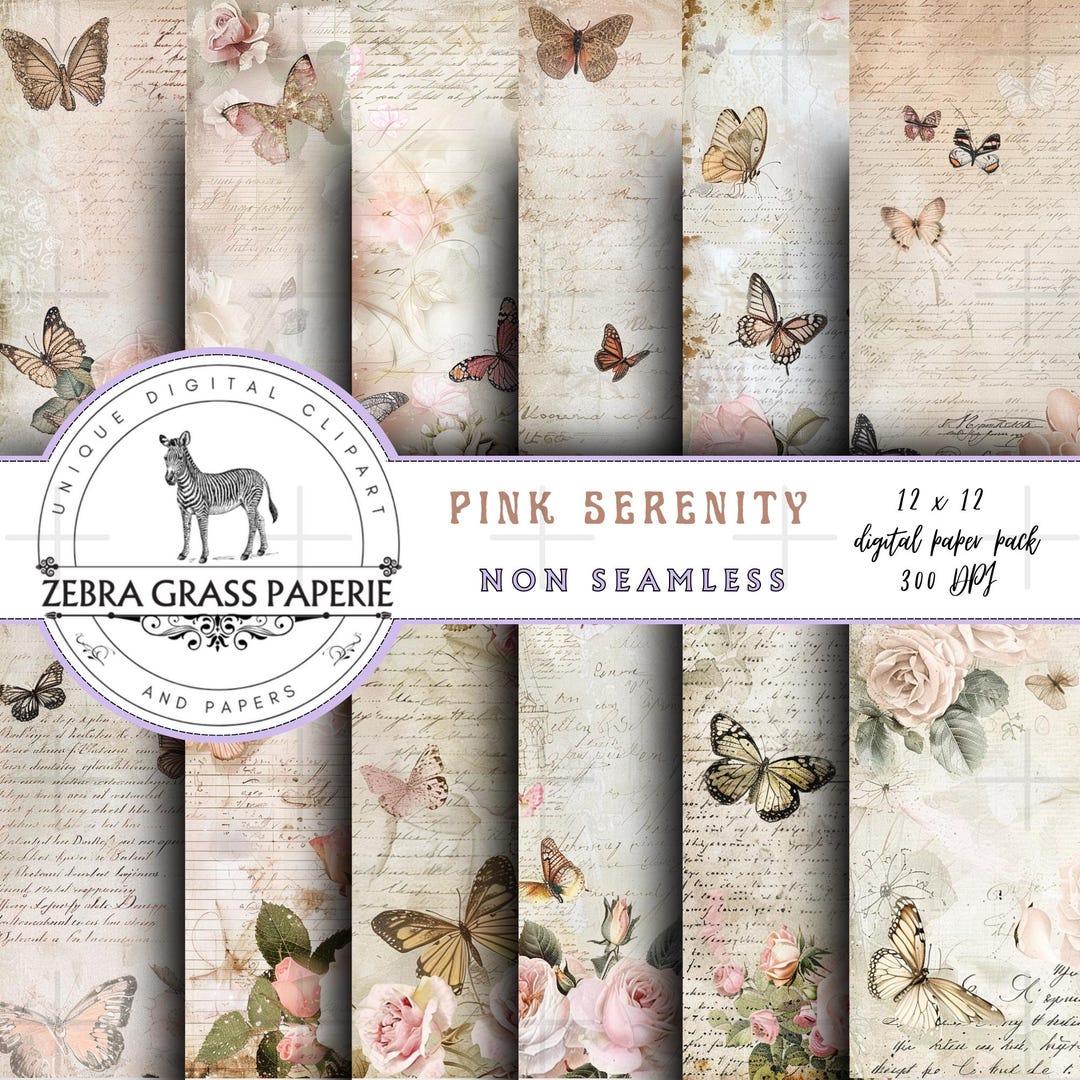 Pink Floral Digital Paper, Butterfly Printable Background, Script Junk ...