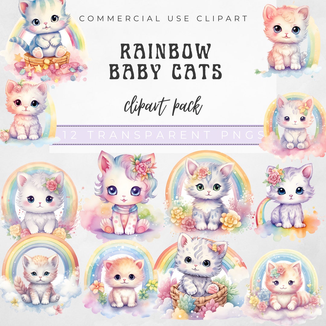 Whimsical Cat Clipart, Watercolour Rainbow Clip Art, Baby Shower ...