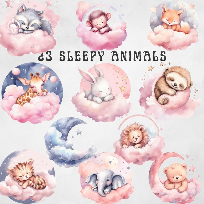 Sleeping Animals Clipart, Cute Sleepy Animal Clip Art, Watercolor ...