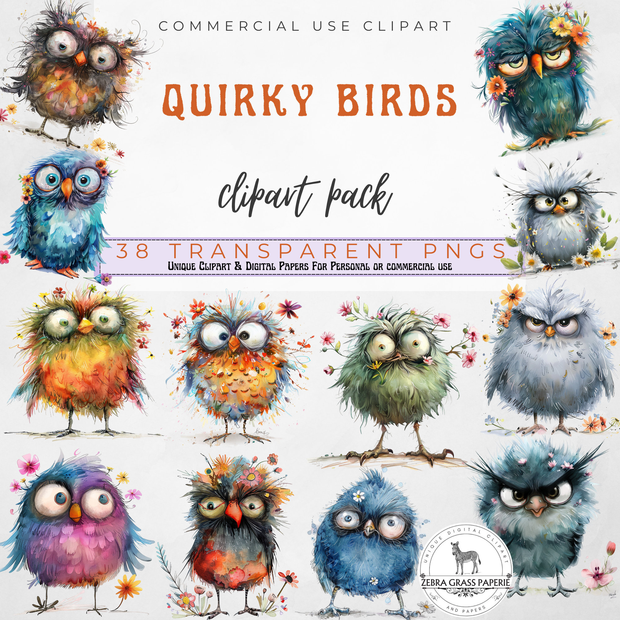 Quirky Bird Clipart, Funny Bird Clip Art, Watercolor Nursery Wallart ...