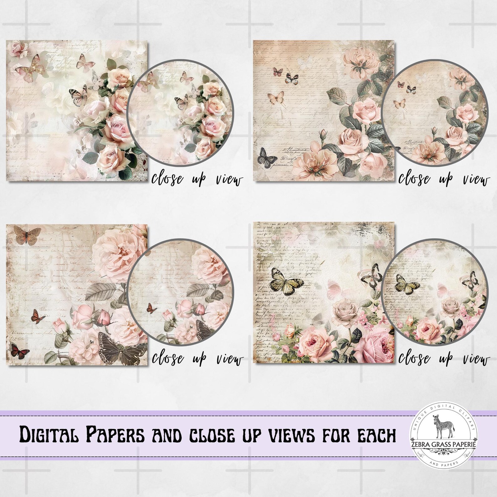 Pink Floral Digital Paper, Butterfly Printable Background, Script Junk ...