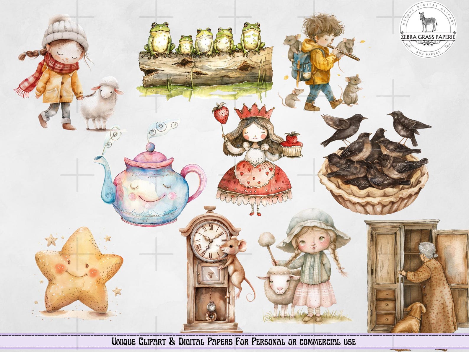 Watercolor Nursery Rhyme Clipart, Childrens Book Illustrations ...