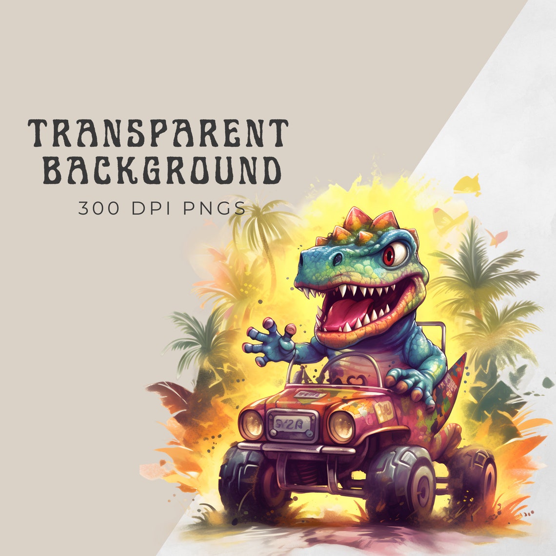 Watercolor Monster Truck Clipart, Dinosaur Sublimation Design, Jungle ...