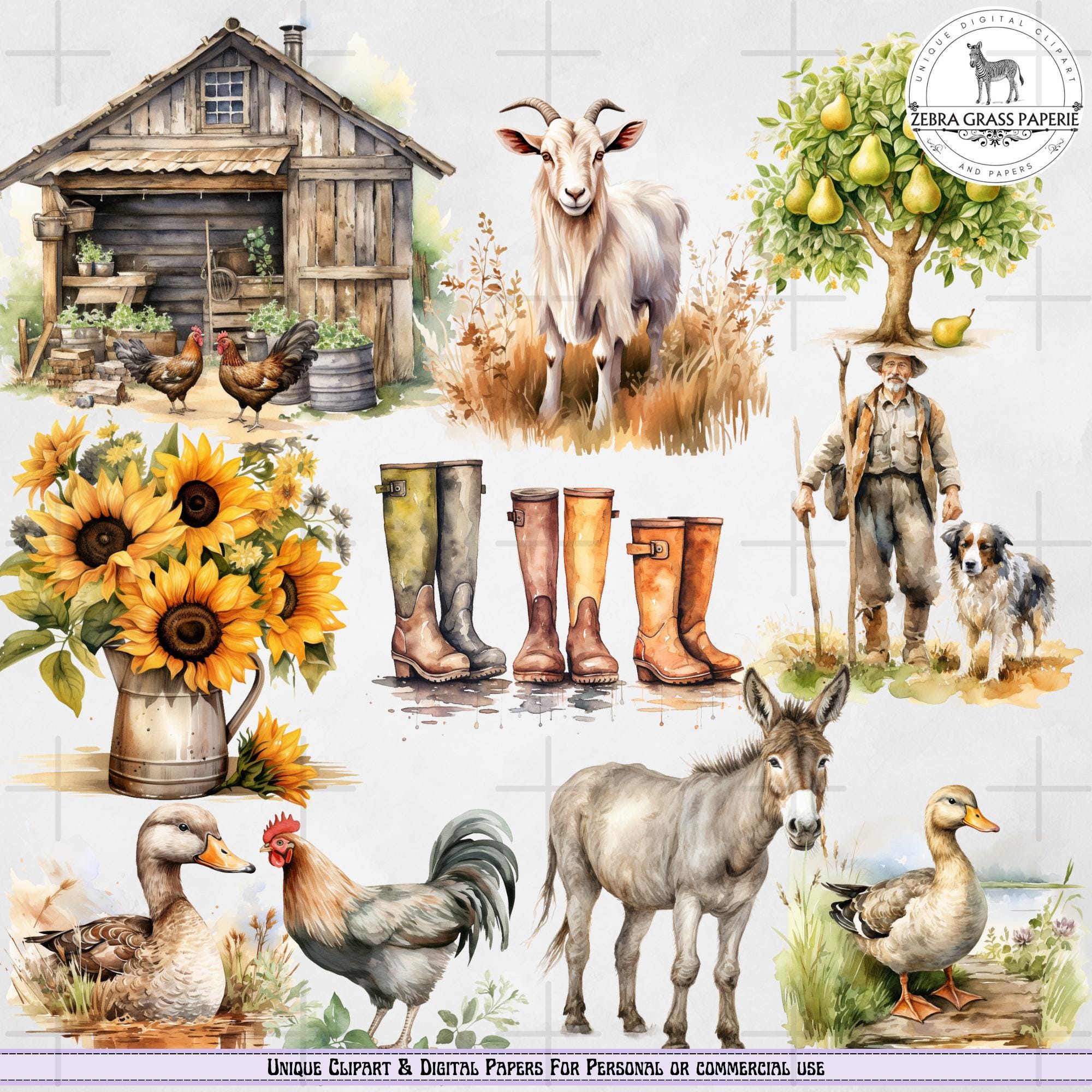 Farmer Clipart, Watercolor Farm Animals, Farmstead Illustrations ...