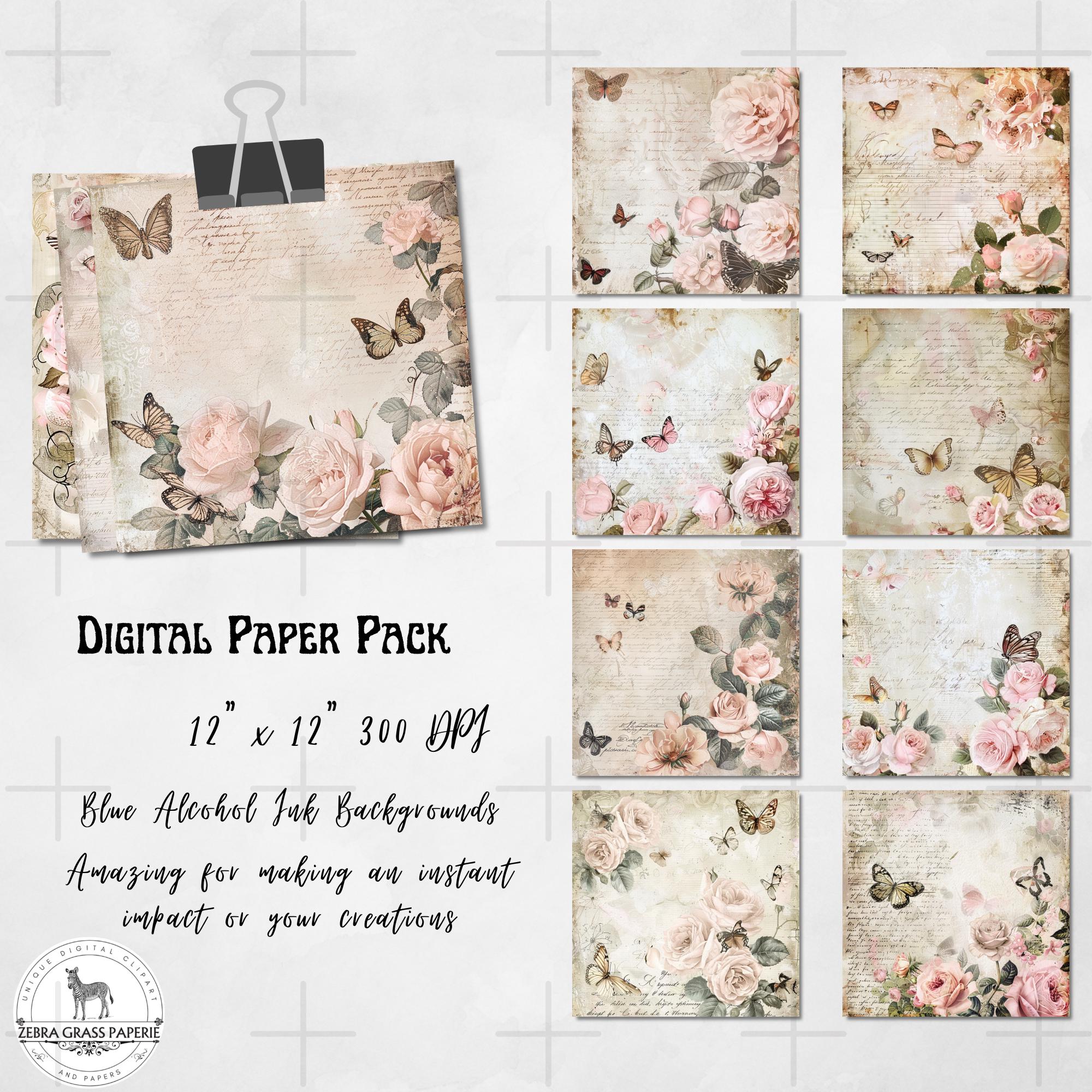 Pink Floral Digital Paper, Butterfly Printable Background, Script Junk ...
