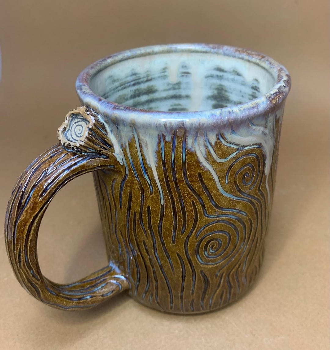 Wood Grain Tree Stump Mug - Hand Thrown and Carved Stoneware - Original ...