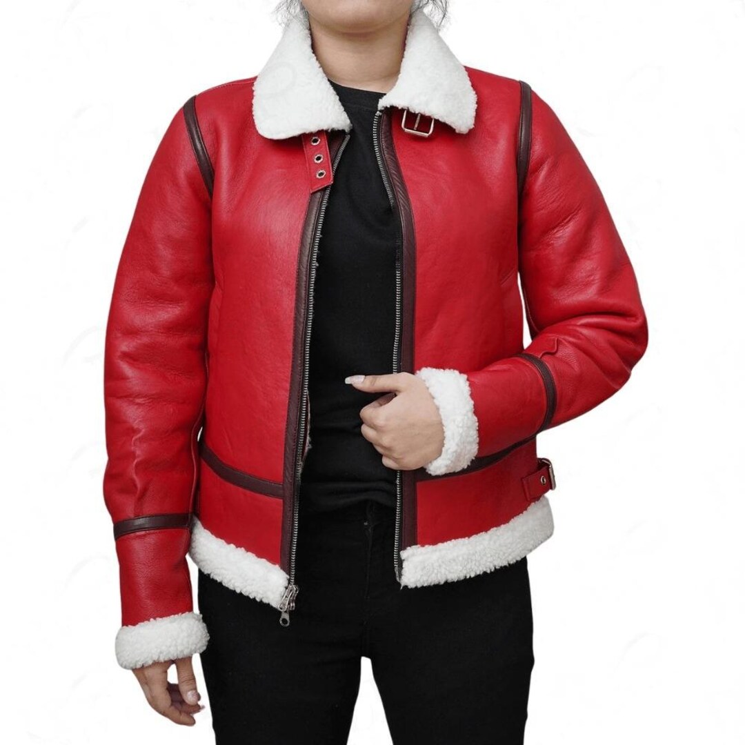 Womens Aviator Red B3 Shearling Jacket, Christmas Bomber Red Jacket ...