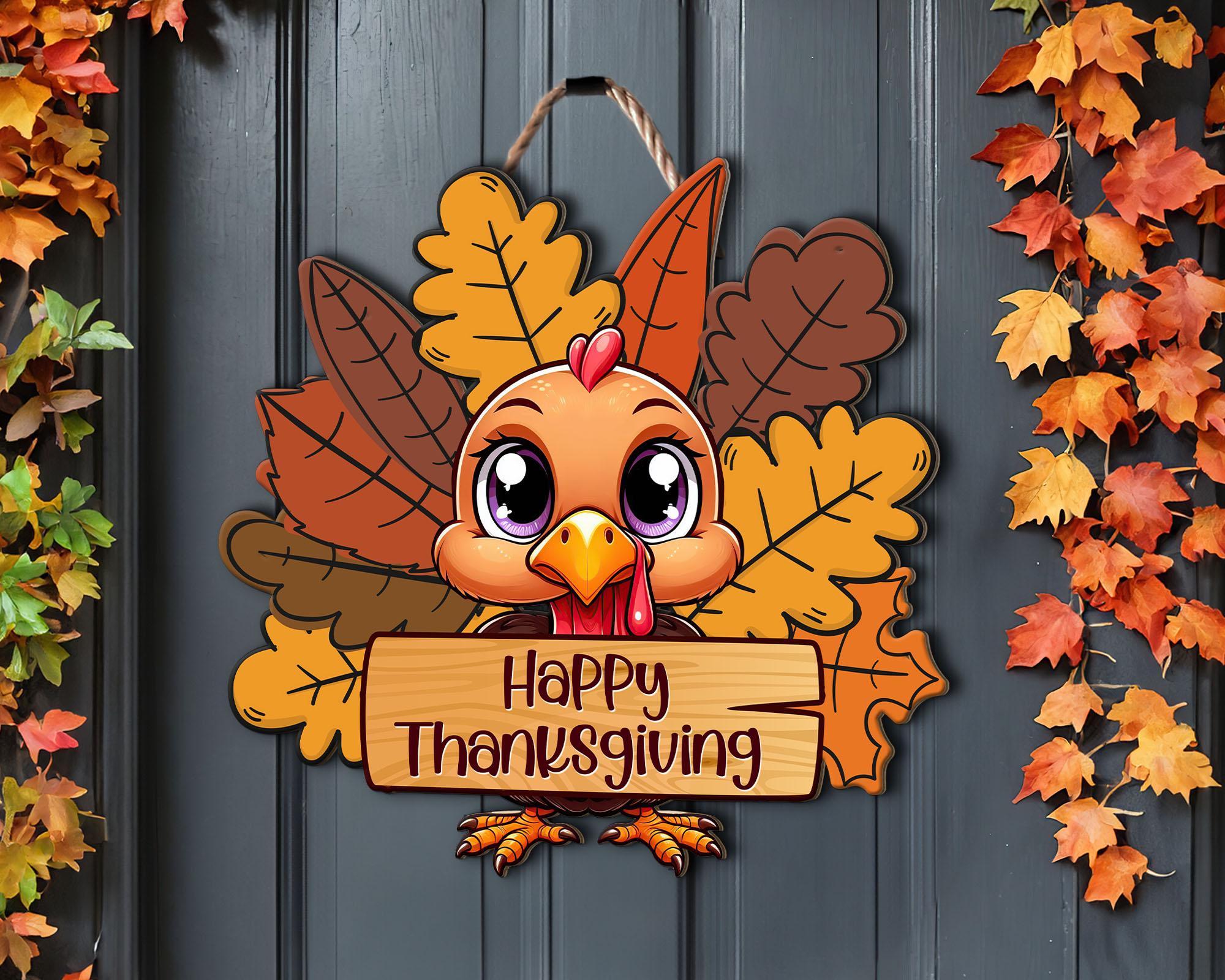 Happy Thanksgiving Door Hanger, Thanksgiving Door Sign, Cute Turkey ...