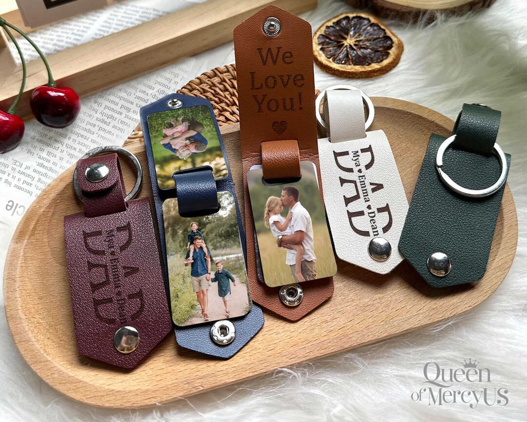 Personalized Photo Keychain for Dad, Custom Leather Keychain Gift for ...