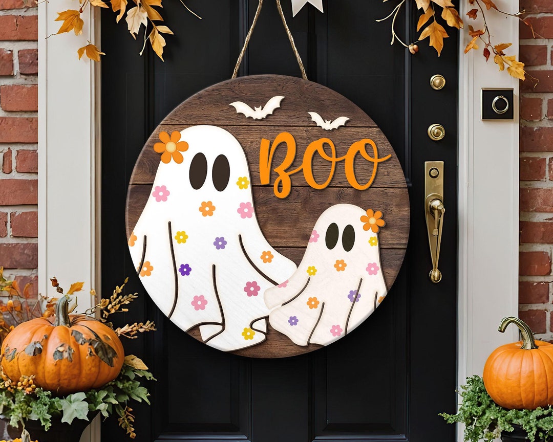 Boo Halloween Door Sign, Cute Ghost Door Hanger, Boho Halloween Sign ...