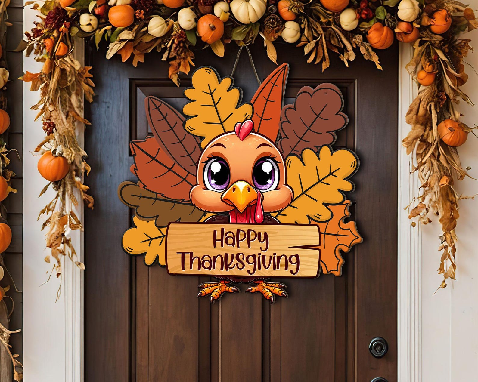 Happy Thanksgiving Door Hanger, Thanksgiving Door Sign, Cute Turkey ...