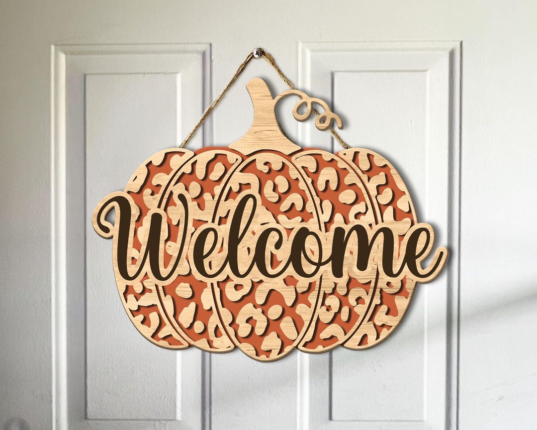 Welcome Fall Door Sign, Autumn Door Hanger, Pumpkin Leopard Decor ...