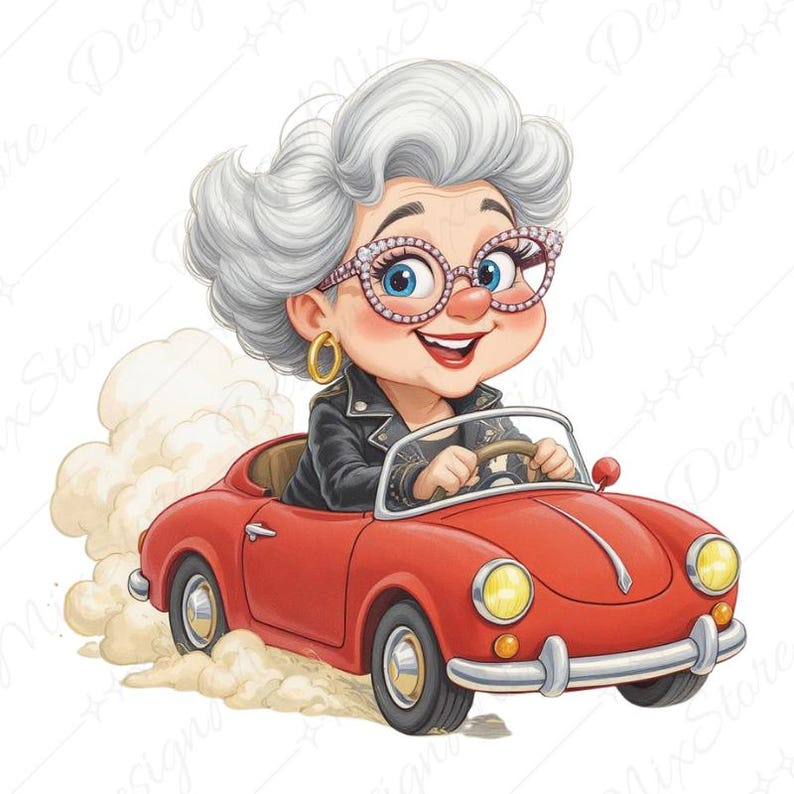 Funny Grandma Driving Car Clipart: 10 PNG Illustrations (digital ...