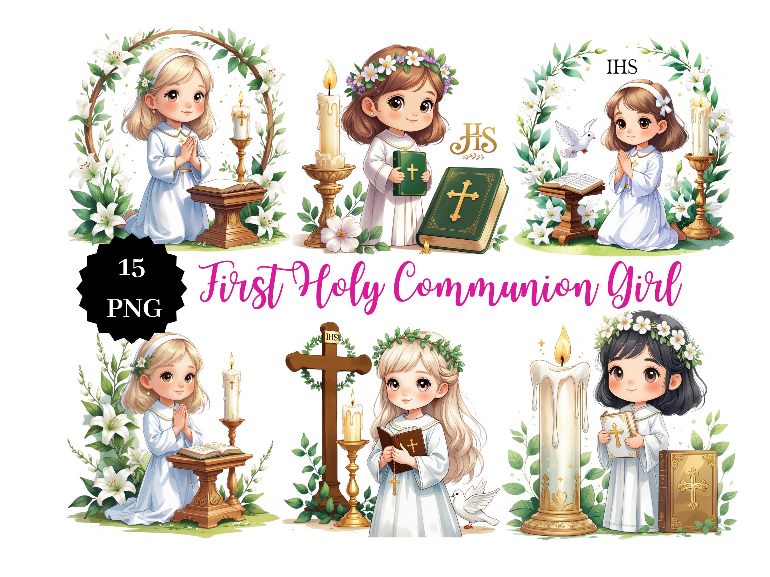 First Holy Communion Girl Clipart: Religious PNG Graphics (digital ...