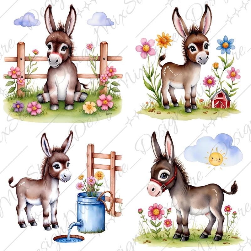 20 PNG Cute Donkey Clipart – Farm Animal, Watercolor Baby Donkey ...