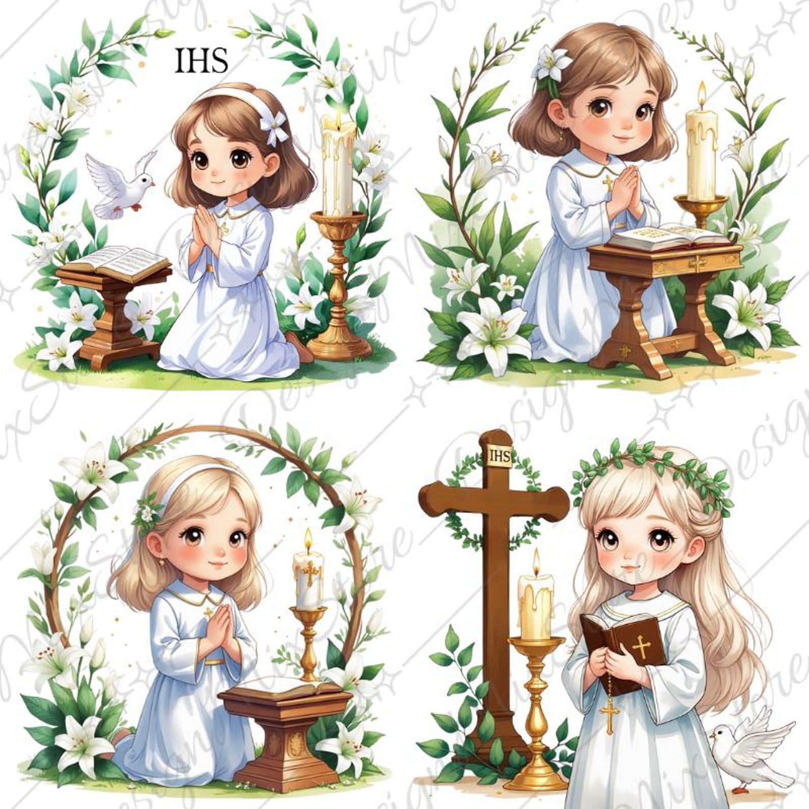 First Holy Communion Girl Clipart: Religious PNG Graphics (digital ...