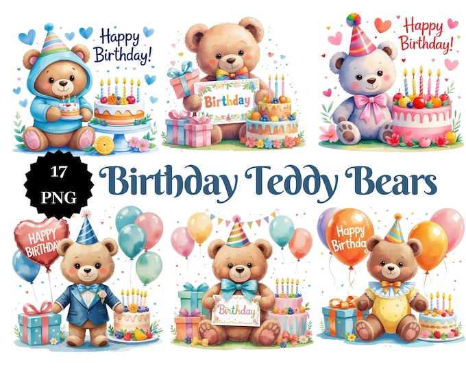 10 PNG Birthday Bear Clipart - Cute Animal Party Png - Kids Card Design ...
