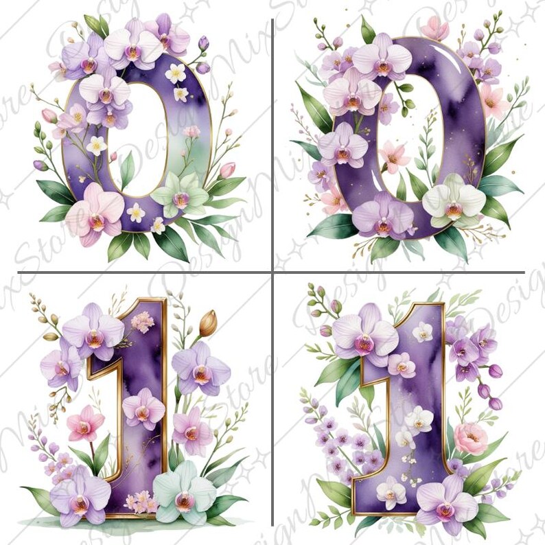 20 PNG Orchid Numbers 0-9 | Pastel Flower Clipart | Decorative Numbers ...
