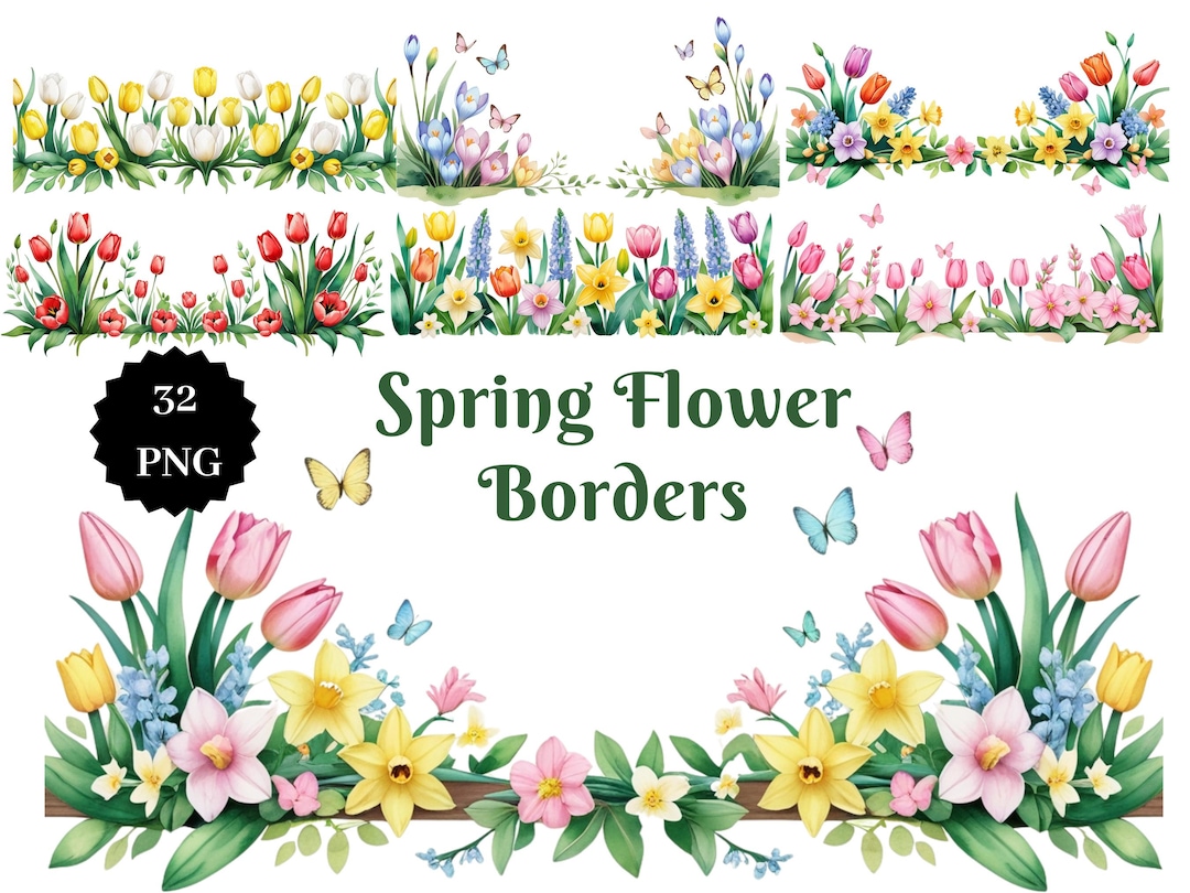32 PNG Spring Flower Borders – Digital Download, Floral Clipart for ...
