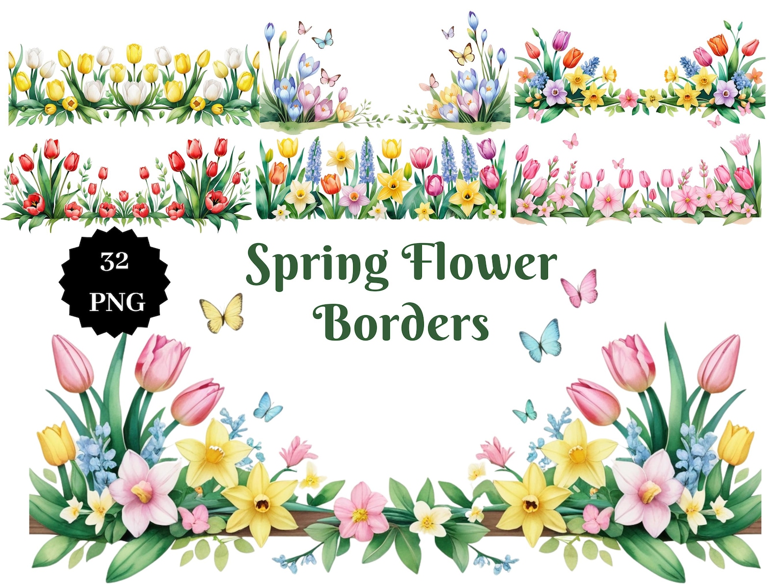 32 PNG Spring Flower Borders – Digital Download, Floral Clipart for ...