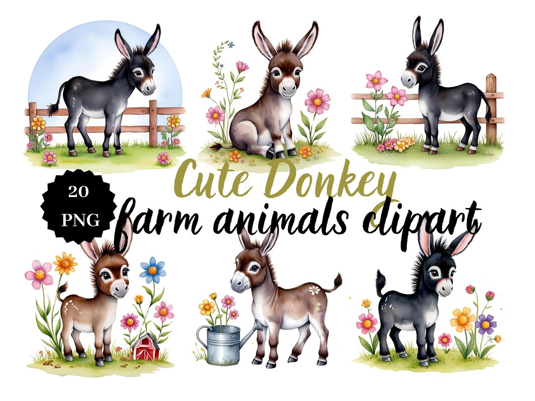20 PNG Cute Donkey Clipart – Farm Animal, Watercolor Baby Donkey ...