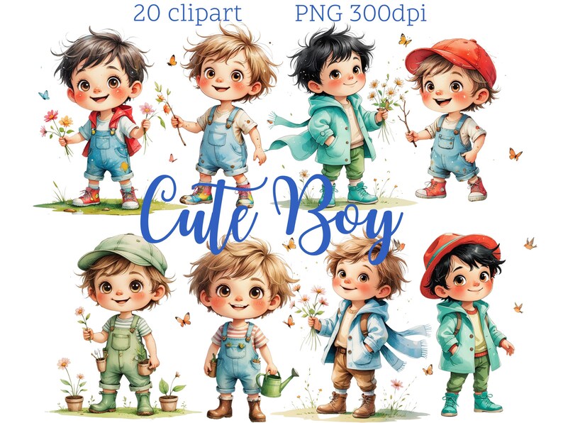 20 Whimsical Storybook Boy | Cute Watercolor Illustration PNG | Pastel ...