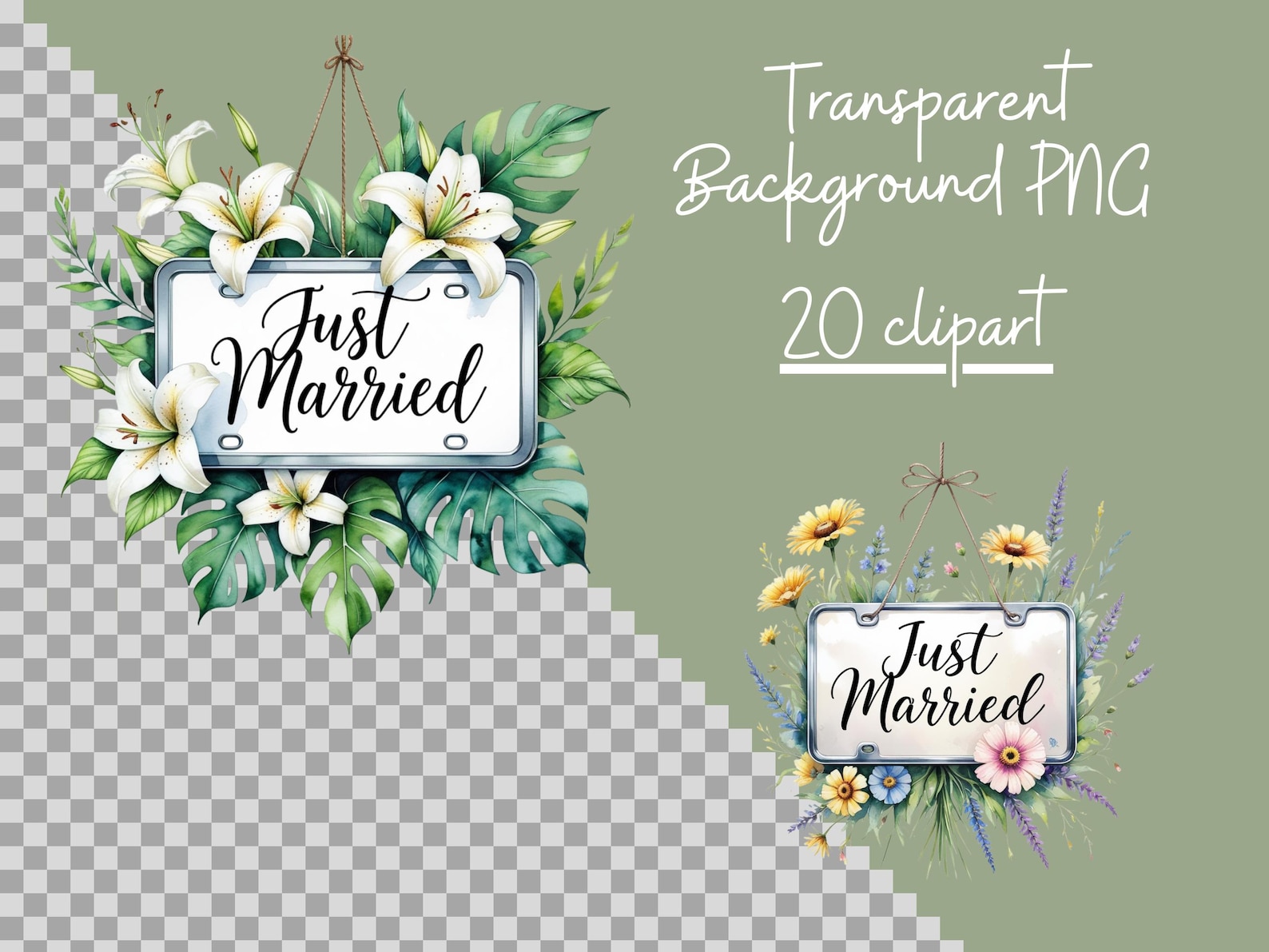 Watercolor Just Married Floral Sign: DIY Wedding Decor (digital ...