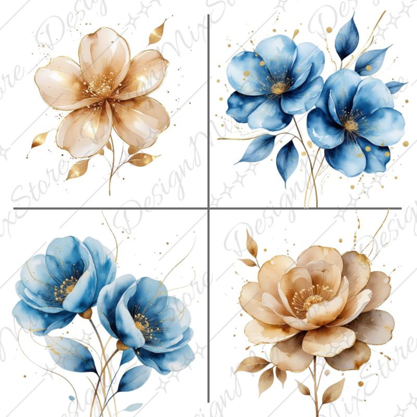Blue Watercolor Flower Clipart: Gold Accent Floral Illustrations (PNG ...