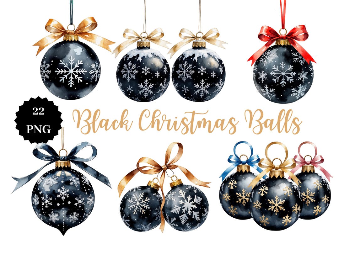 Black Christmas Ornaments PNG Bundle: Elegant Baubles Clipart (digital ...