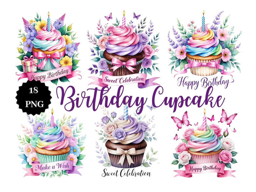 Pastel Birthday Cupcake Clipart: 18 Watercolor Pngs (digital Download ...