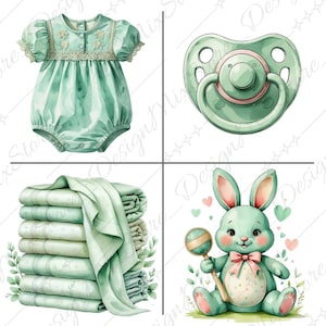 Mint Green Baby Clipart Bundle: Watercolor Nursery PNG (digital ...