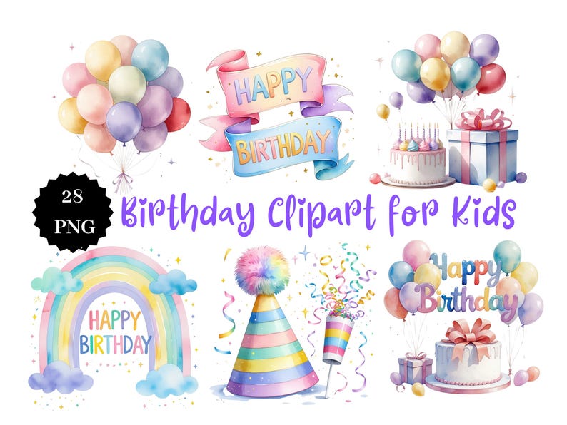 Pastel Birthday Clipart: Kids Party Illustrations (digital Download) - Etsy