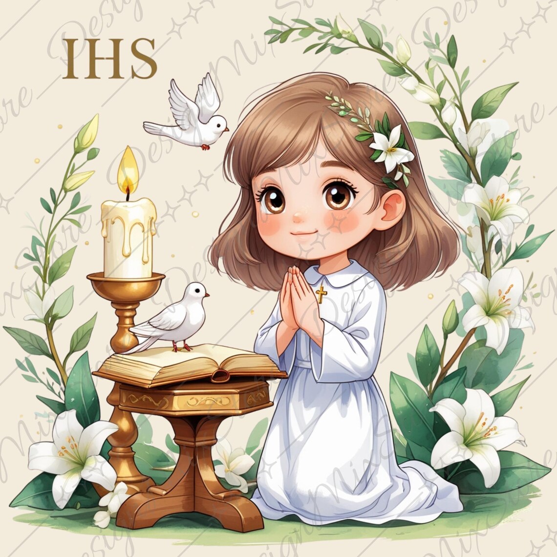 First Holy Communion Girl Clipart: Religious PNG Graphics (digital ...