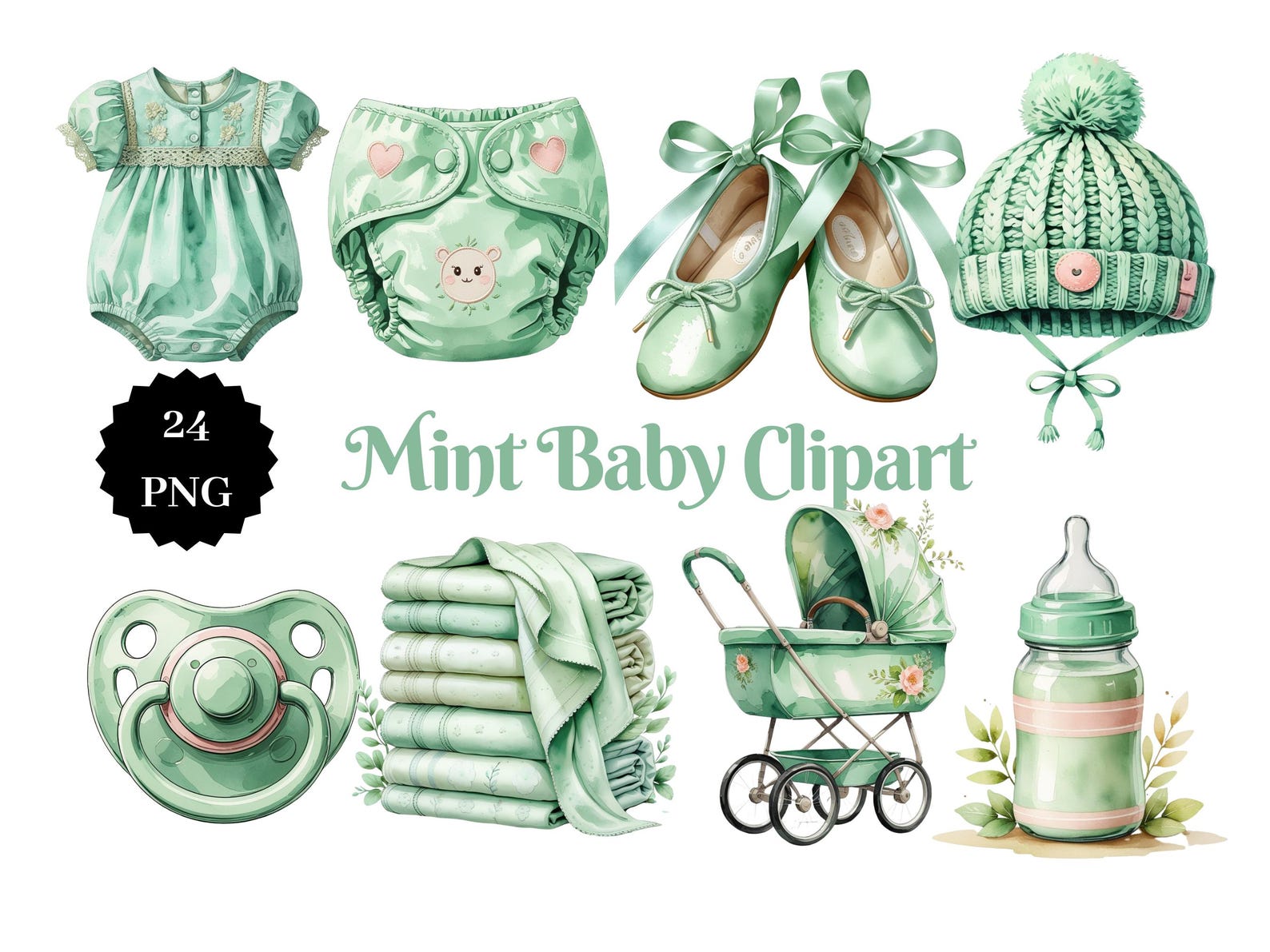 Mint Green Baby Clipart Bundle: Watercolor Nursery PNG (digital ...