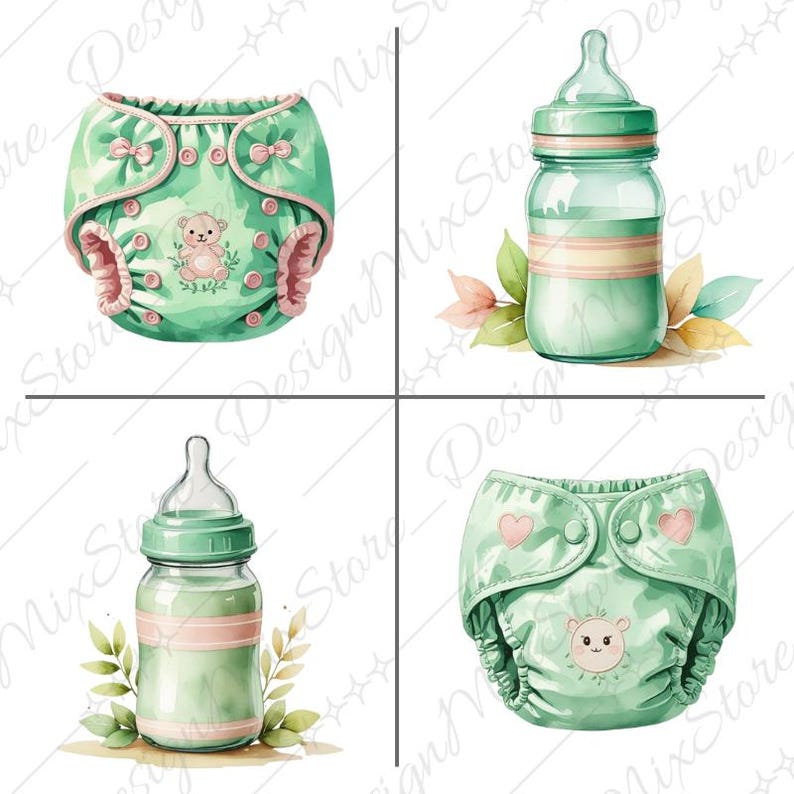 Mint Green Baby Clipart Bundle: Watercolor Nursery PNG (digital ...