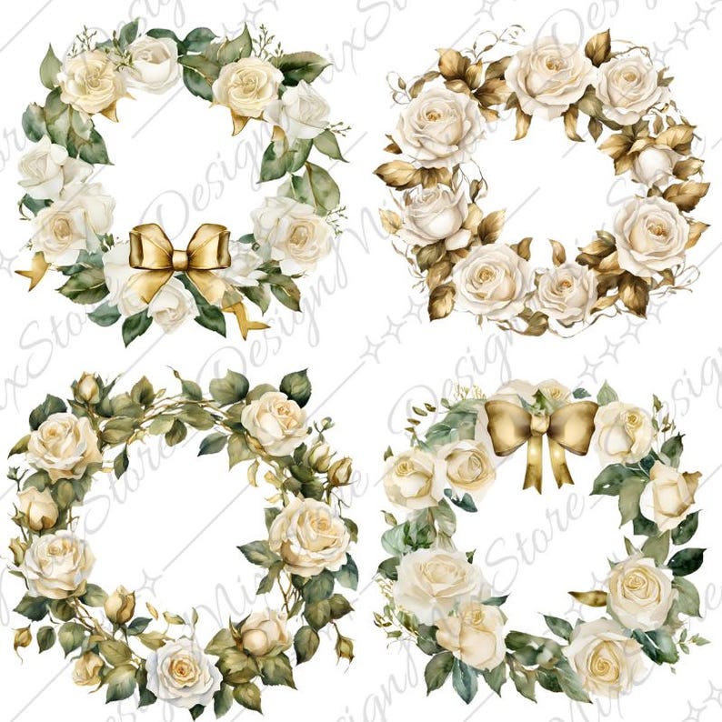 White Rose & Gold Clipart: Elegant Floral PNG Images (digital Download ...