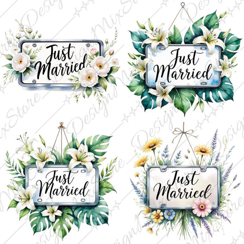 Watercolor Just Married Floral Sign: DIY Wedding Decor (digital ...