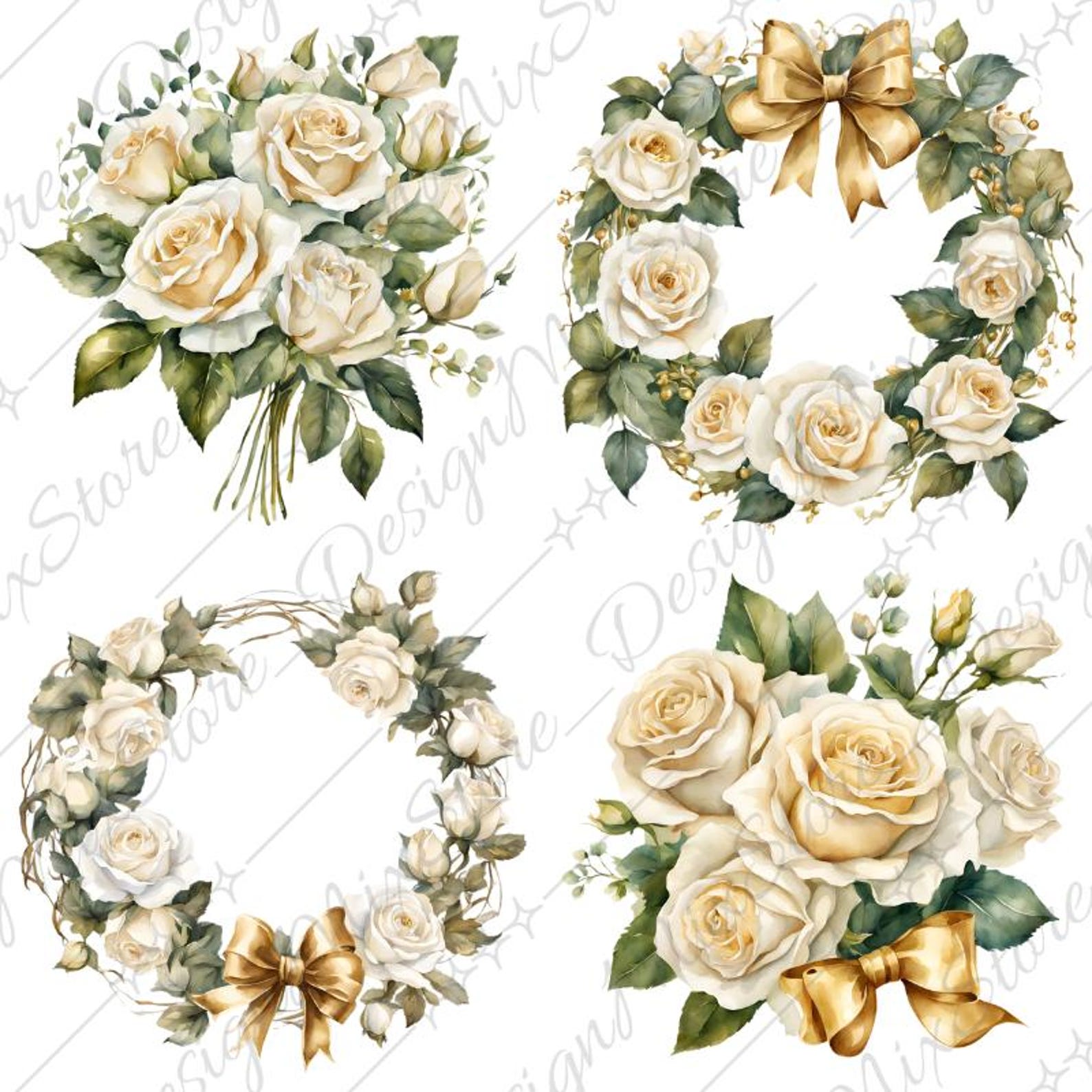 White Rose & Gold Clipart: Elegant Floral PNG Images (digital Download ...