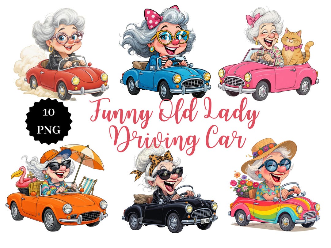 Funny Grandma Driving Car Clipart: 10 PNG Illustrations (digital ...