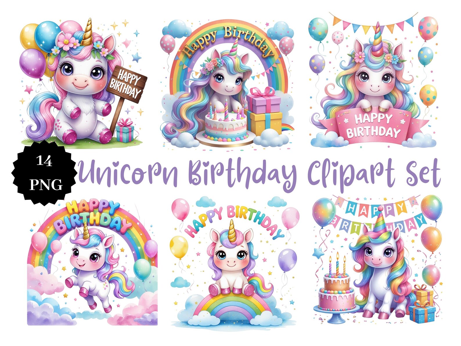 Unicorn Birthday Clipart: Pastel Rainbow PNG Graphics (14 Files) - Etsy