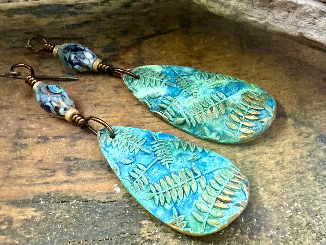 Bronze Fern Earrings, Verdigris Patina, Teardrop Dangle, Czech Glass ...