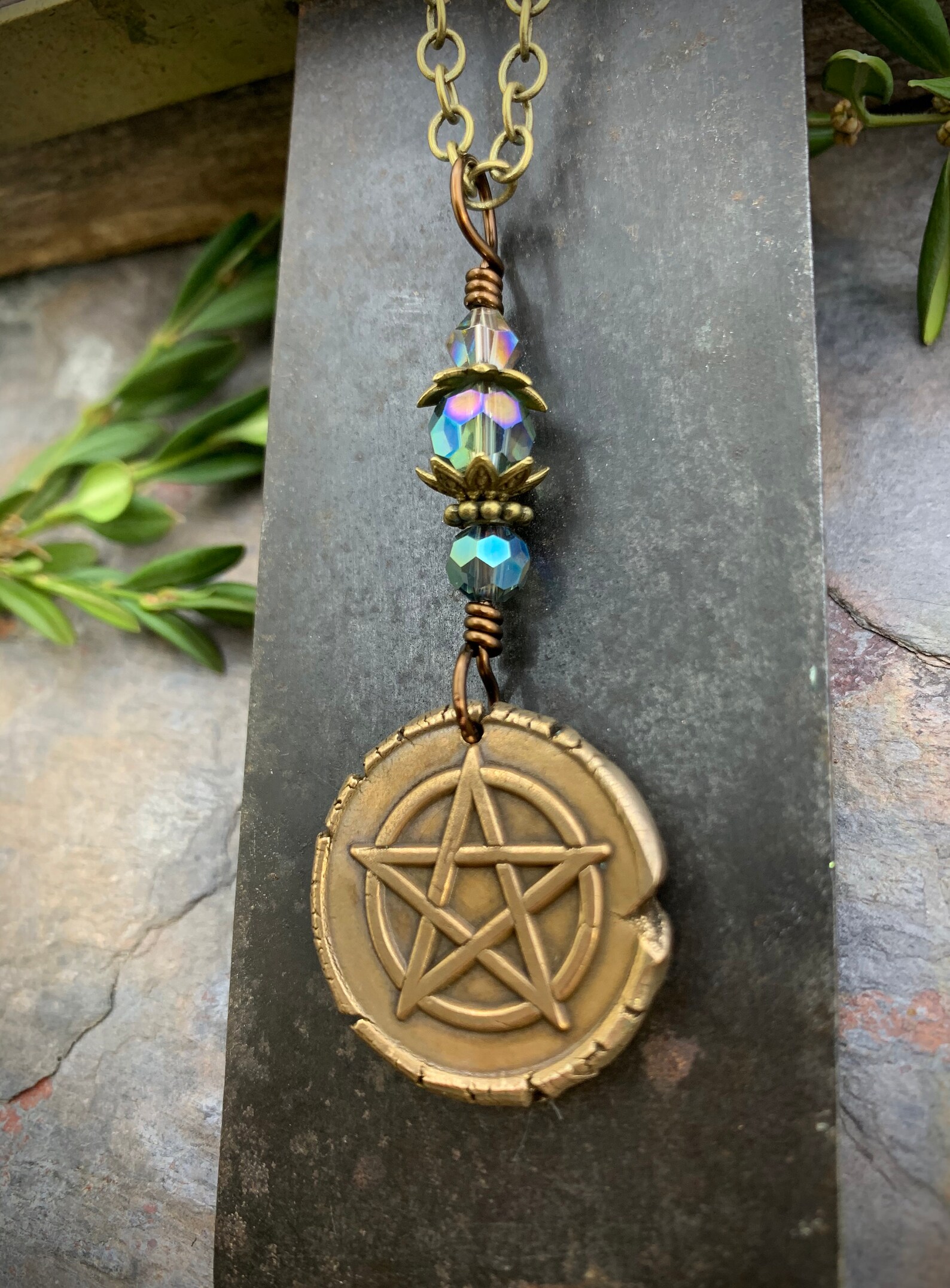 Pentagram Charm Necklace Blue Crystal Beads 5 Elements Long | Etsy